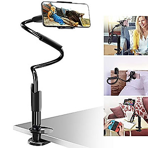 B-Land Bed Phone Holder Gooseneck Mount, Clip Cell Phone Holder for Desk Flexible Arm Clamp Mount Stand for Phone 11 Pro XS Max XR X 8 7 6 Plus Samsung S10 S9 S8 Nintendo Switch (Black)
