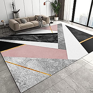 Grey White Pink Black Marble Area Rug, Light Luxury Abstract Living Room Rug, Machine Washable Carpet Non-Slip Anti-Shedding Easy to Clean Soft for Bedroom Girls Room Yoga Studio 4ftx6ft