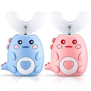 CHENGU 2 Pieces Kids U Shaped Toothbrush Whole Mouth Toothbrush Ultrasonic Silicone Toothbrush 360 Degrees Automatic Waterproof Toothbrush with 3 Modes for Kids Toddler, 2 to 6 Years(Dinosaur Style)