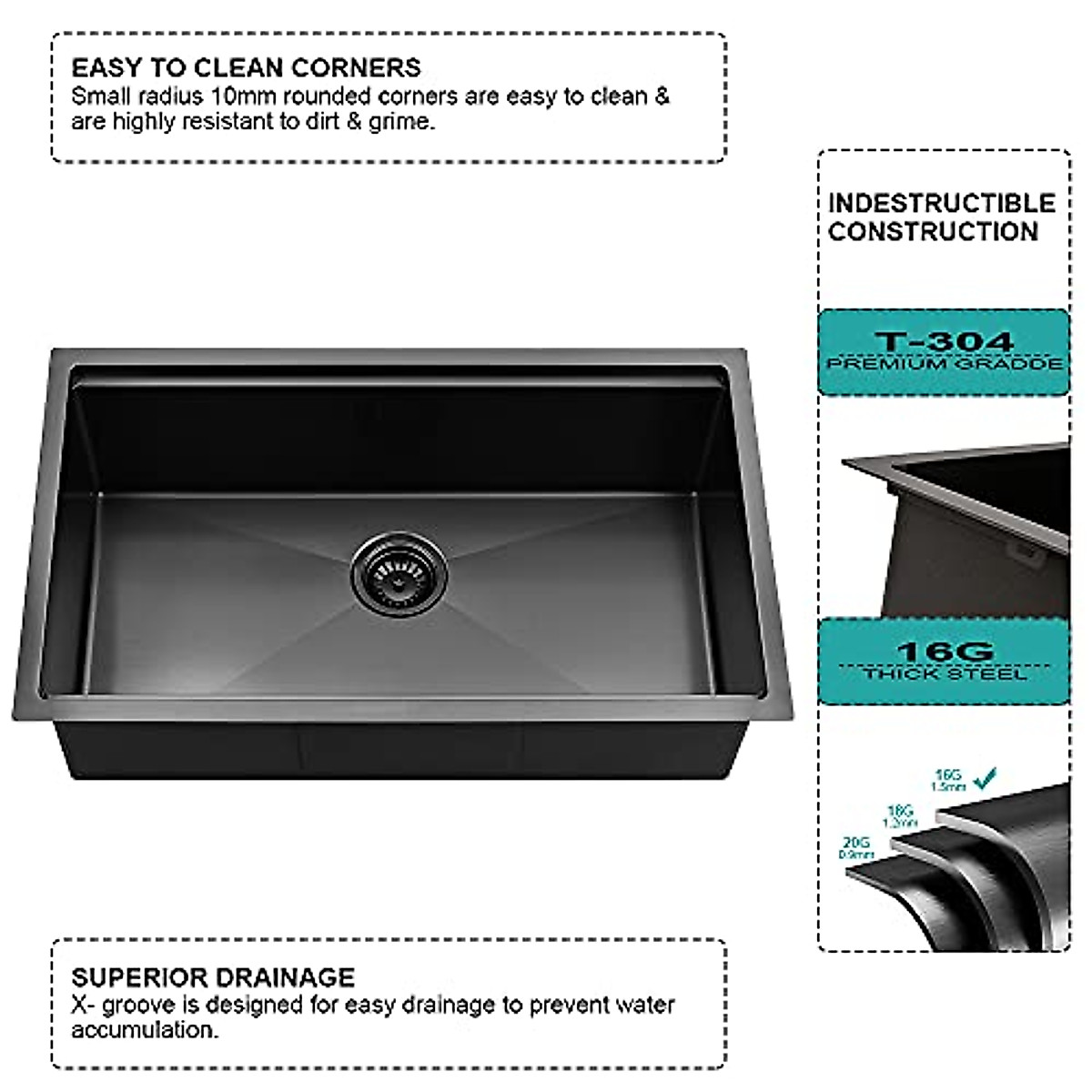 28 Black Undermount Kitchen Sink - iAnomla 28 Inch Black Stainless Steel Undermount Workstation Sink 16 Gauge Deep Single Bowl Matte Black Kitchen Sink with Cutting Board