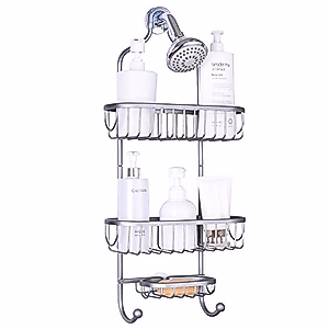 Lycklig Rust-Proof Shower Caddy over Shower Head Aluminum Shower Caddy, Hanging Shower Caddy with Extra Basket for Soap and 2 Hooks for Bath Loofah, Gray