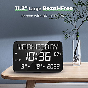 Upgraded 11.2" Large Digital Calendar Clock with Day and Date - Remote Control, 4 Alarms & 8 Sounds, LED Digital Wall Clock with Loud Volume for Seniors, Dementia, Adjustable Dimmer | Temperature| DST