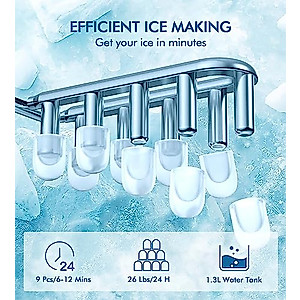 Ice Maker Countertop - Portable Ice Machine Makes 26 lbs of Ice in 24 Hours, 9 Ice Cubes in 6 Minutes, Self-Cleaning - Compact Nugget Ice Maker with Scoop and Basket for Home, Kitchen, and RV (Silver)