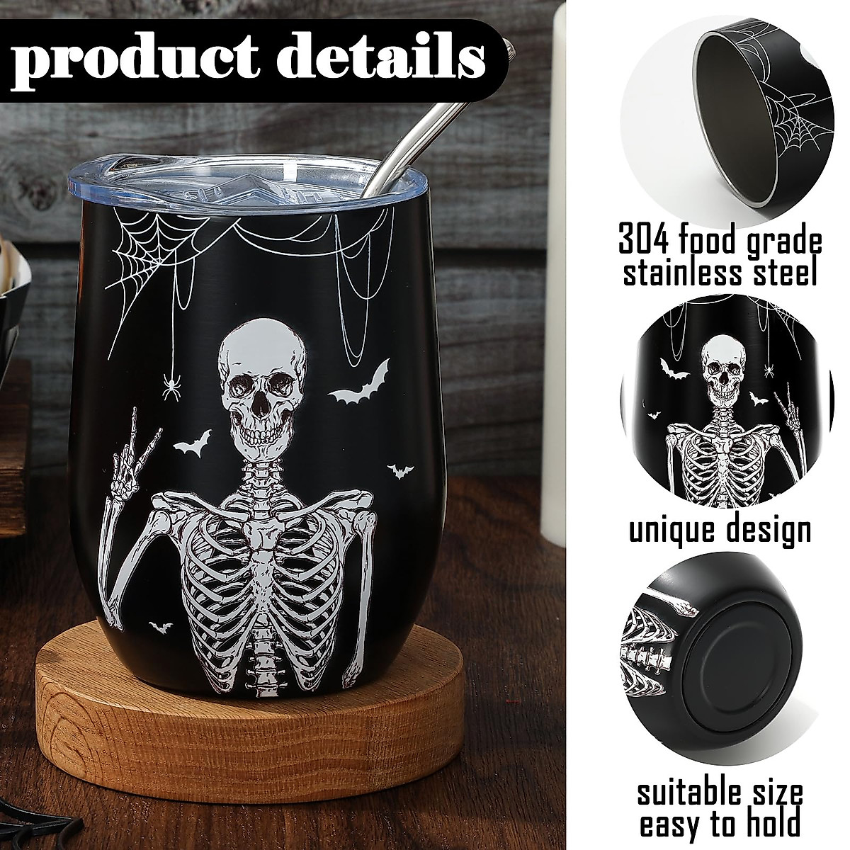 Whaline Halloween Stainless Steel Wine Tumbler with Straw and Lid Black White Skull Bat Coffee Mug Skeleton Insulated Wine Tumbler for Hot and Cold Drinks Gift