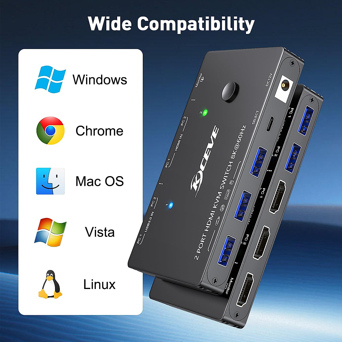 KVM Switch HDMI 2 Port Box, 8K@60Hz USB3.0 HDMI2.1 Switch for 2 Computers Share Keyboard Mouse Printer and one HD Monitor,Support UHD 4K@120Hz,with 2 USB Cable,Power Adapter and Controller