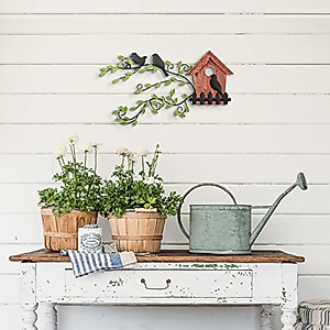 WGFKVAS Metal Birds Leaf Wall Decor, Birdhouse Vine Olive Branch Leaf Wall Art, Cast Iron Scroll Sculptures Hanging Decorations for Outdoor, Indoor, Garden, Back Yard, Patio