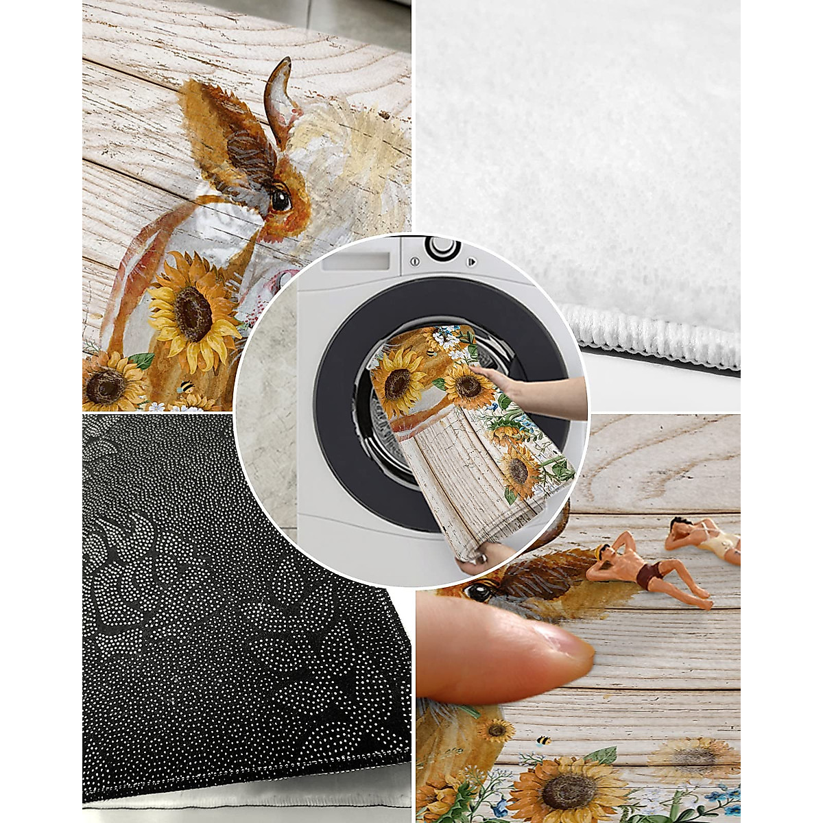 Fluffy Bath Rug Cow Sunflower Farm Flowers Animals Plank,Non Slip Shag Carpet Soft Floor Door Mat Pastoral Country Farmhouse,Absorbent Entrance Rugs for Kitchen Bathroom Living Room 24x35in