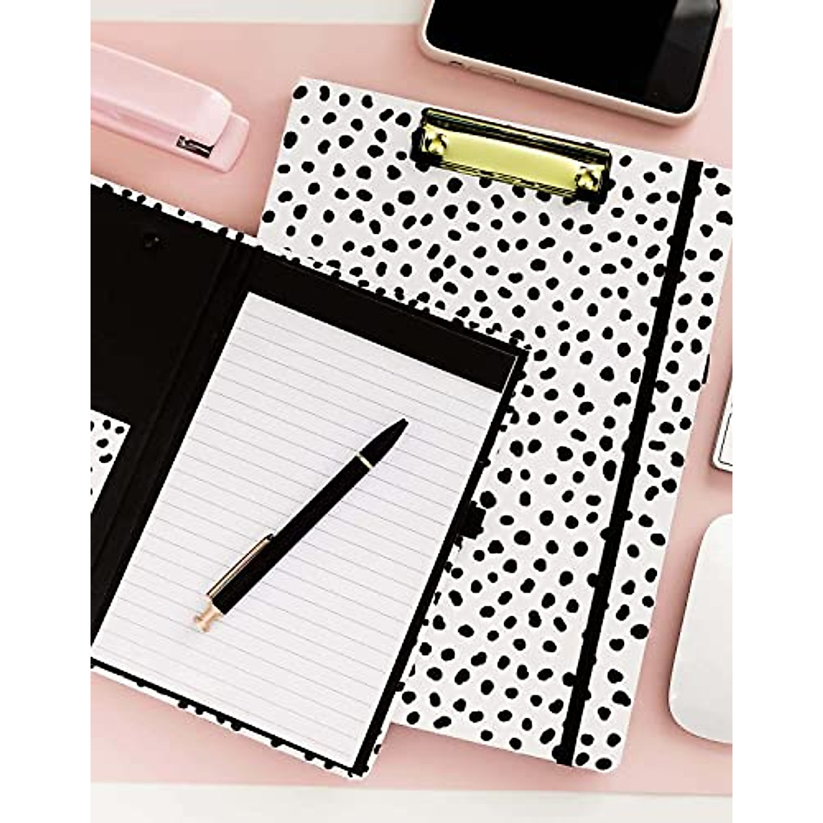 Steel Mill & Co Cute Clipboard Folio with Refillable Lined Notepad and Interior Storage Pocket, Black and White Padfolio for Work, Black Dots