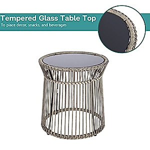 MEETWARM 3-Piece Outdoor All-Weather Wicker Furniture Set with Glass Top Side Table, Patio Conversation Bistro Sets with Cushions for Porch Garden & Backyard, Light Grey