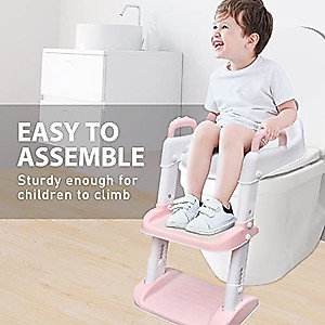 Potty Training Seat with Step Stool Ladder for Kids, Anti-Slip and Detachable Soft Pad, Toddler Toilet Training Seat with Height Adjustable Wide Steps and Safety Handles - Pink