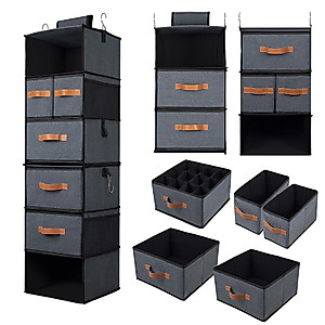 BinWhiz 12.6x12.6x44.1 Inch Hanging Closet Organizer and Storage Shelves, 6-Tier Shelf Clothes Organizers Bins with Drawers and Hooks for Closet Wardrobe Organization and Storage - Gray