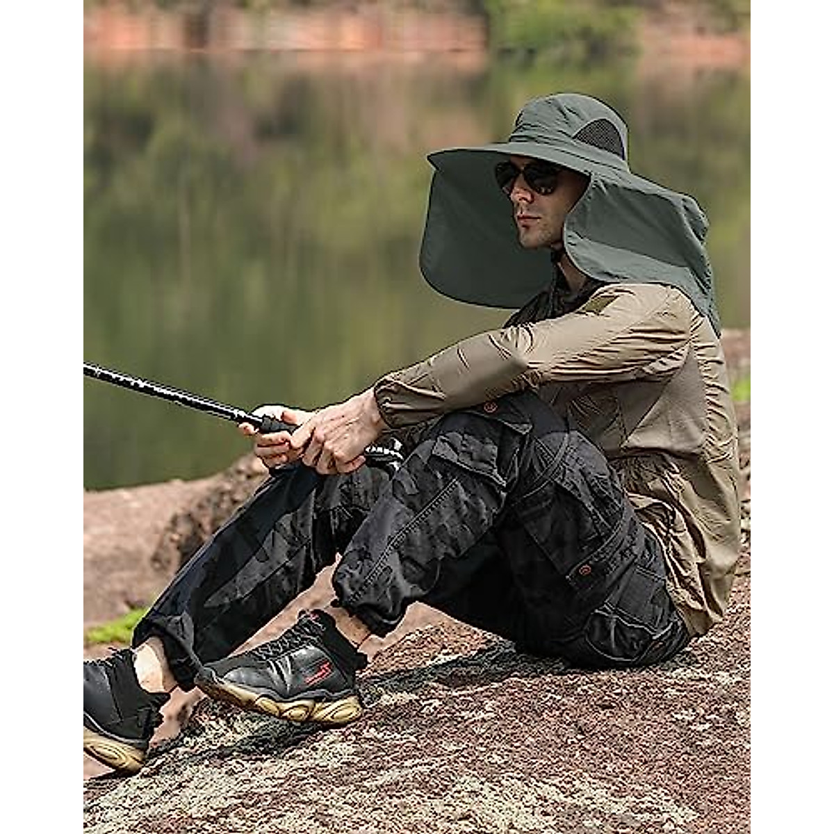 Fishing-Sun Hat Men UV-Protection Neck-Flap - Bucket Hat with Removable Face Cover & Neck Flap Wide Brim UPF 50+ Hiking Hat for Men and Women,Grey