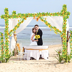 DomeStar 4 Pack Artificial Sunflower Garlands 29 FT Silk Sunflower Vines with Green Leaves, Hanging Flowers Garland for Sunflower Theme Party Fall Wedding Home Decorations