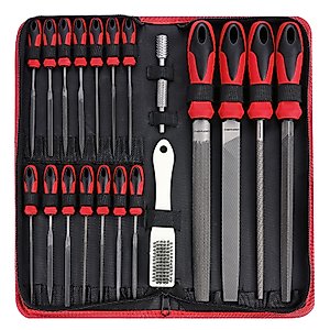 57Pcs Metal & Wood File Rasp Set,Grade T12 Forged Alloy Steel, Half-round/Round/Triangle/Flat 4pcs Large Tools, 14pcs Needle Files and a pair of Electric Files, a brush and 36pcs emery papers