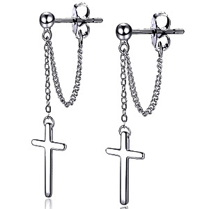 Cross Earrings Dangle Drop Chain Earring for Women Punk Goth Ball Dangling Chain Stud Earrings Silver