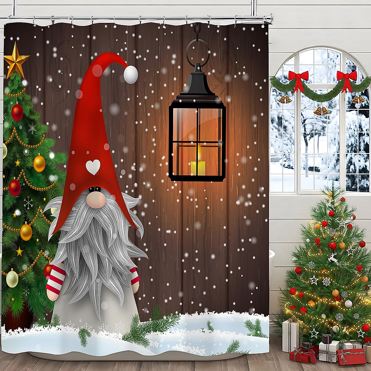 PAOPOED Christmas Gnome Shower Curtains for Bathroom, Merry Christmas Batherroom Curtain for Restroom, Funny Santa Claus Fabric shower curtain set Bathroom Deco with Hooks 72 x 72 Inches