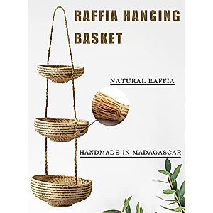 Serene Spaces Living Hanging Raffia Baskets for Your Kitchen – 3 Fair Trade Handmade Decorative Storage Baskets from Madagascar for Fruit and Vegetables