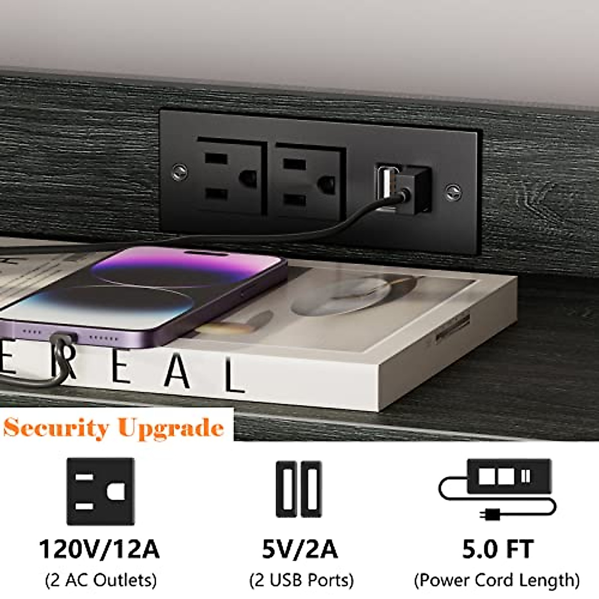 Furnulem Nightstand Set of 2, End Table with Charging Station, Industrial Bedside Tables with USB Ports & Power Outlets, 3 Fabric Drawer Dresser with Shelf for Bedroom, Living Room, Black Oak