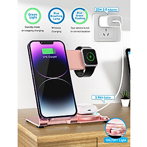 Malfsaier 3 in 1 Charging Station Pink,Aluminum Alloy Multiple Fast Wireless Charger Stand for iPhone 15/14/13/12/11/Pro/Max/XS/XR/X/8/Plus, for Apple Watch 7/6/5/4/3/2/SE, for AirPods 3/2/Pro