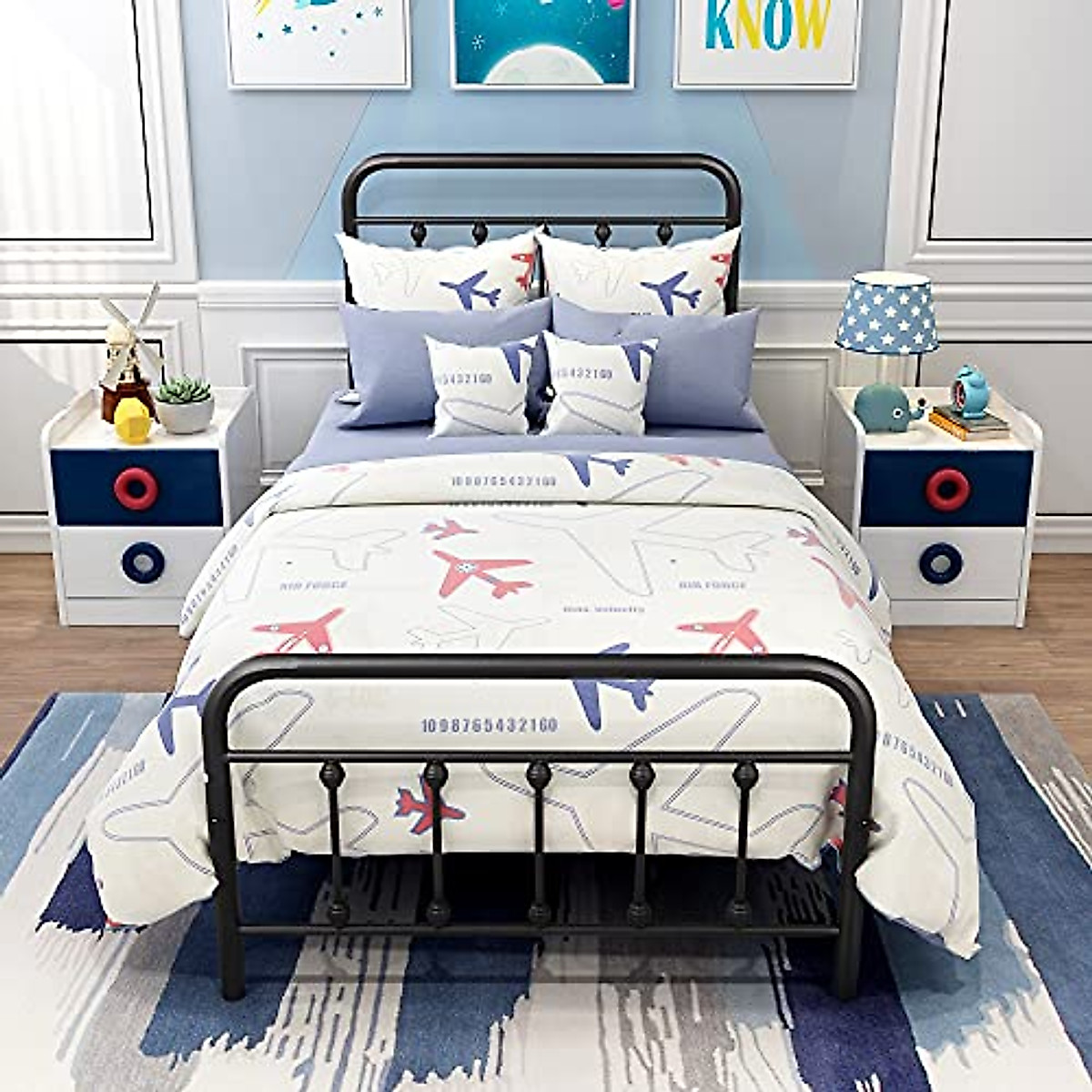 Elegant Home Products Vintage Twin Size Bed Frame with Headboard and Footboard Mattress Heavy Duty Metal Platform, Steel Slat Support (Twin, Black Sanded)