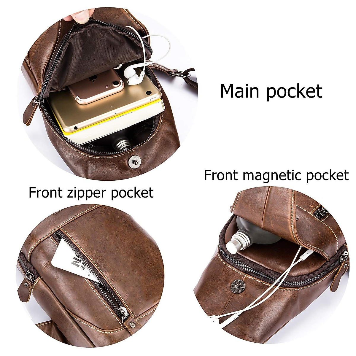 BULLCAPTAIN Genuine Leather Men Sling Crossbody Bag Multi-pocket Chest Bag Casual Travel Hiking Sling Backpack with Earphone Hole (Brown)