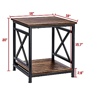 KSWIN Industrial End Table Side Table with 2-Tier Storage Shelf, 18'' Square Nightstand Bedside Table X-Design Metal Frame for Living Room Bedroom, Rustic Brown