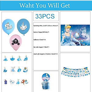 33 Pcs Cinderella Party Supplies,1 Cinderella Backdrop,1 Cake Topper, 12 Cupcake Toppers, 1 Happy Birthday Banner, 18 Balloons for Girls & Boys (5x3FT)