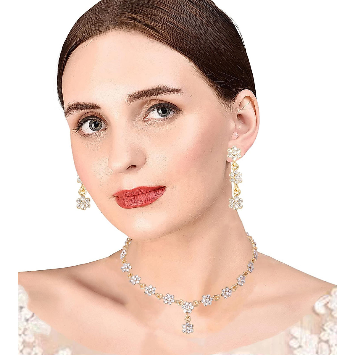 Sunsoul By Touchstone Indian Bollywood Handcrafted Traditional Floral Pattern White Rhinestone Designer Jewelry Necklace Set In Gold Tone For Women.