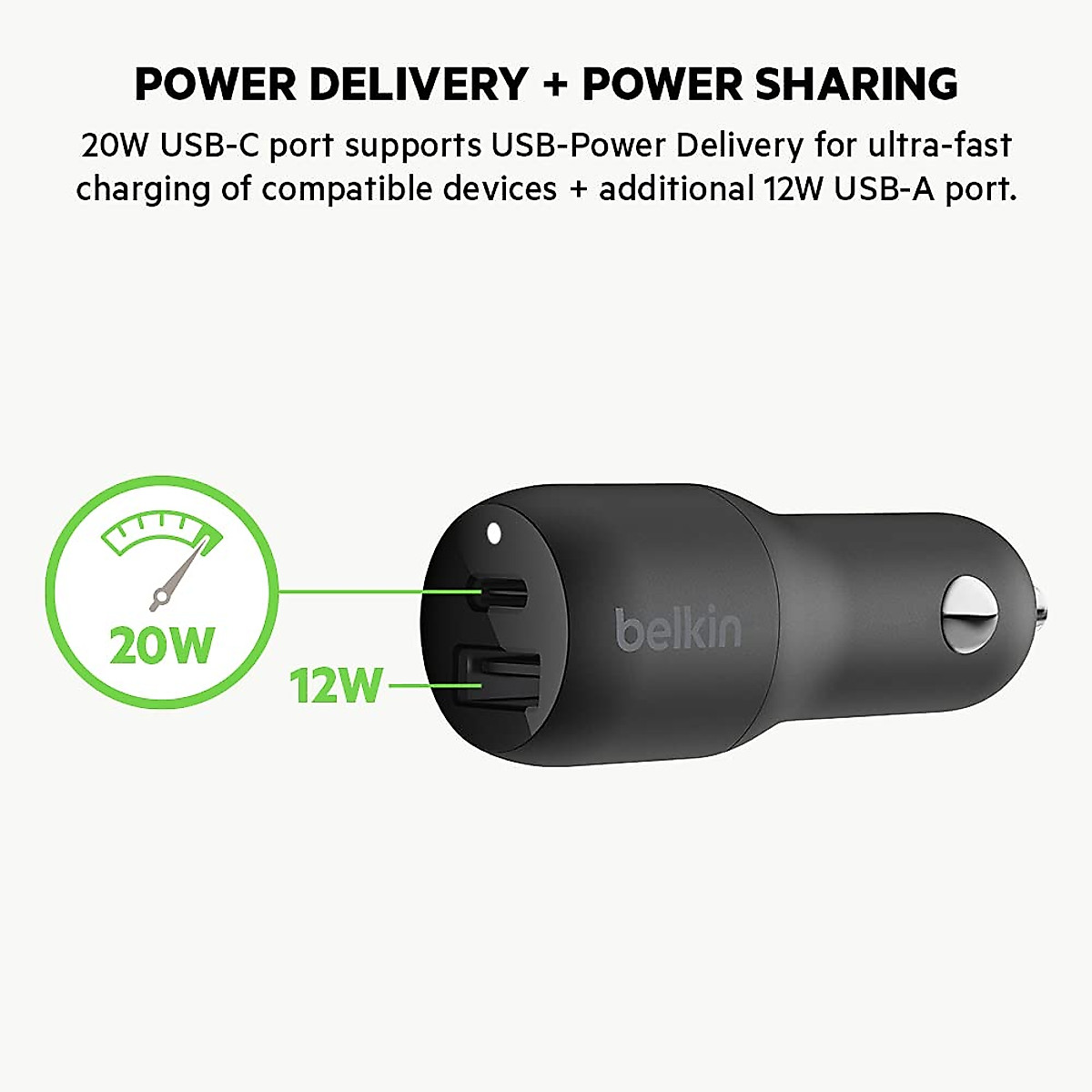 Belkin 32 Watt Dual USB Car Charger - Power Delivery 20W USB C Port & 12W USB A Port for PPS Charging Apple iPhone 14, 14 Pro, 14 Pro Max, iPhone 13, Samsung Galaxy, AirPods & More - USB-C Charger