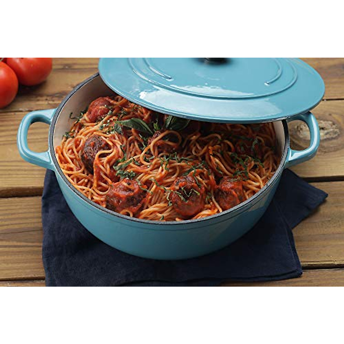 Mirro MIR-19063 4.8 Quart Cast Iron White Enamel Coated Interior Dutch Oven, Teal, Ready to Use