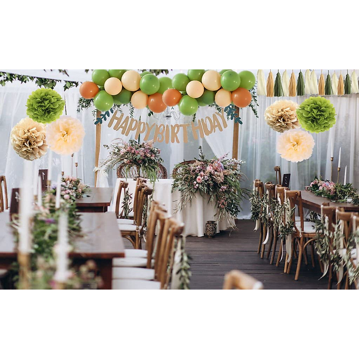 40Pcs Olive Green Tan Brown Cream Balloon Tissue Paper Pom Poms and Tassels Happy Birthday Banner for Eucalyptus Greenery Baby Shower Woodland Jungle Neutral Theme Party Decor