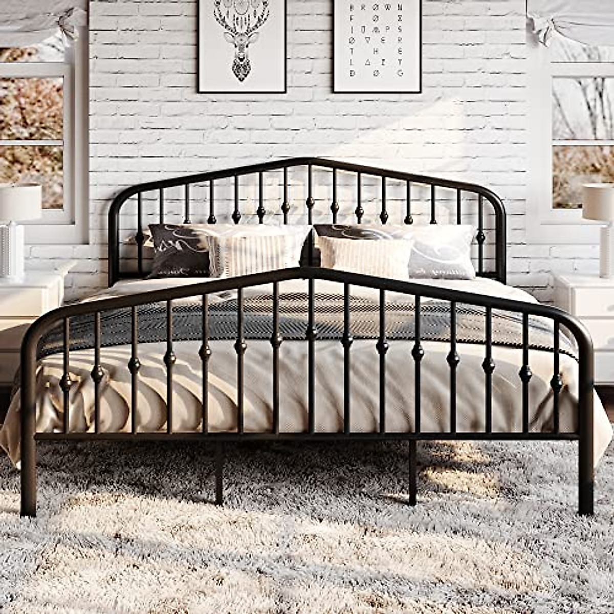 SHA CERLIN King Size Metal Platform Bed Frame with Victorian Style Wrought Iron-Art Headboard/Footboard, No Box Spring Required, Black