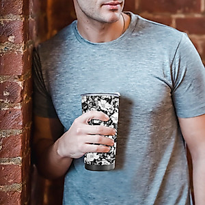 QWEUIOP 20oz Insulated Travel Coffee Mug Hand Drawn White Flowers Stainless Steel Tumbler with Lid Double Wall Vacuum Coffee Cup For Hot and Cold Drinks14494