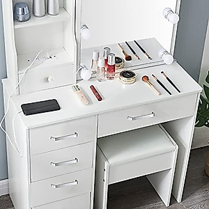 Vanity Desk, Makeup Vanity with Mirror and 10 LED Lights, Makeup Dressing Table with 6 Drawers and Chair, Vanity Table with 3 Lighting Modes for Bedroom