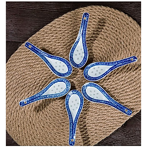 SLixuhay 6pcs Chinese Soup Spoons, Ceramic Asian Soup Spoons for Ramen Pho Wonton Dumpling Noodles (Blue and White)