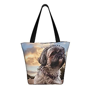 Cute Shih Tzu Dog Sunset Women's Shoulder Handbag Grocery Tote Bag Storage Handle Bag