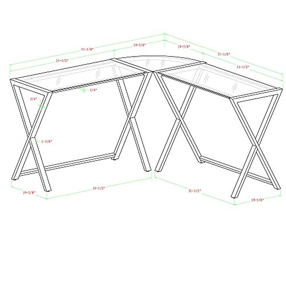 Walker Edison Wright Modern X Leg Glass Top Corner Gaming Desk, 51 Inch, Black