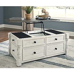 Signature Design by Ashley Havalance Farmhouse Lift Top Coffee Table with 4 Storage Drawers and Small Storage Tray, Whitewash