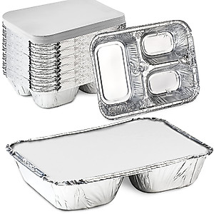 Fit Meal Prep [50 Pack 3 Compartment 8.5 x 6.5 x 1.5 Rectangular Disposable Aluminum Foil Pan Take Out Food Containers with Flat Board Lids, Hot Cold Freezer Oven Safe