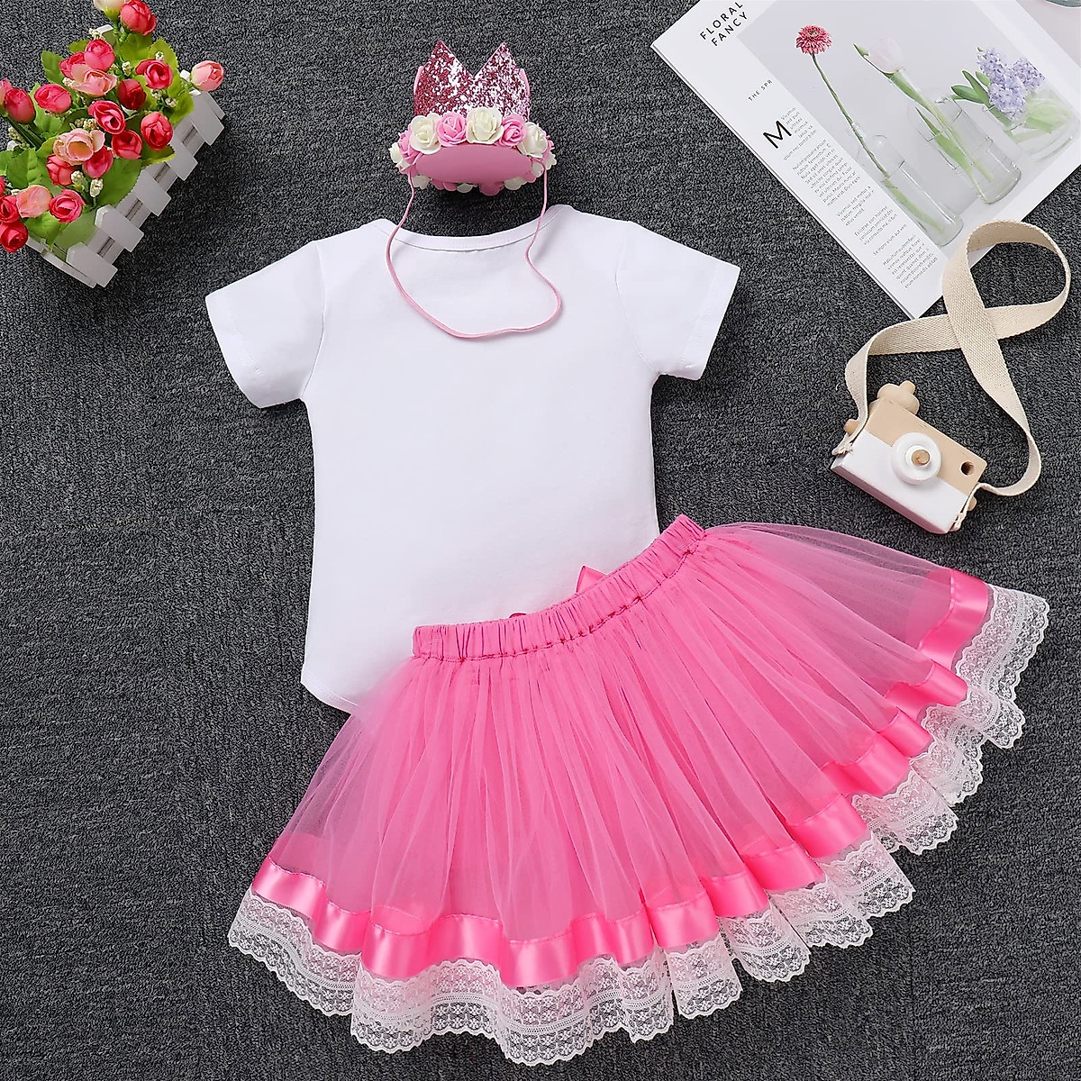 IBTOM CASTLE Baby Girl One Year Old Birthday Floral Lace Party Cake Smash Outfits Short Sleeve Top Princess Romper Bodysuit + Tutu Rainbow Skirt Set+Headband Fancy Dress Hot Pink-1 old,Birthday,