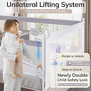 omzer Bed Rail for Toddlers - Baby Bed Guard Rail with Double Child Lock, Safety Bedrail for Children Kids with Pattern, Infants Height Adjustment Guardrail for Full Queen King Size - 1 Pack, 78.74”