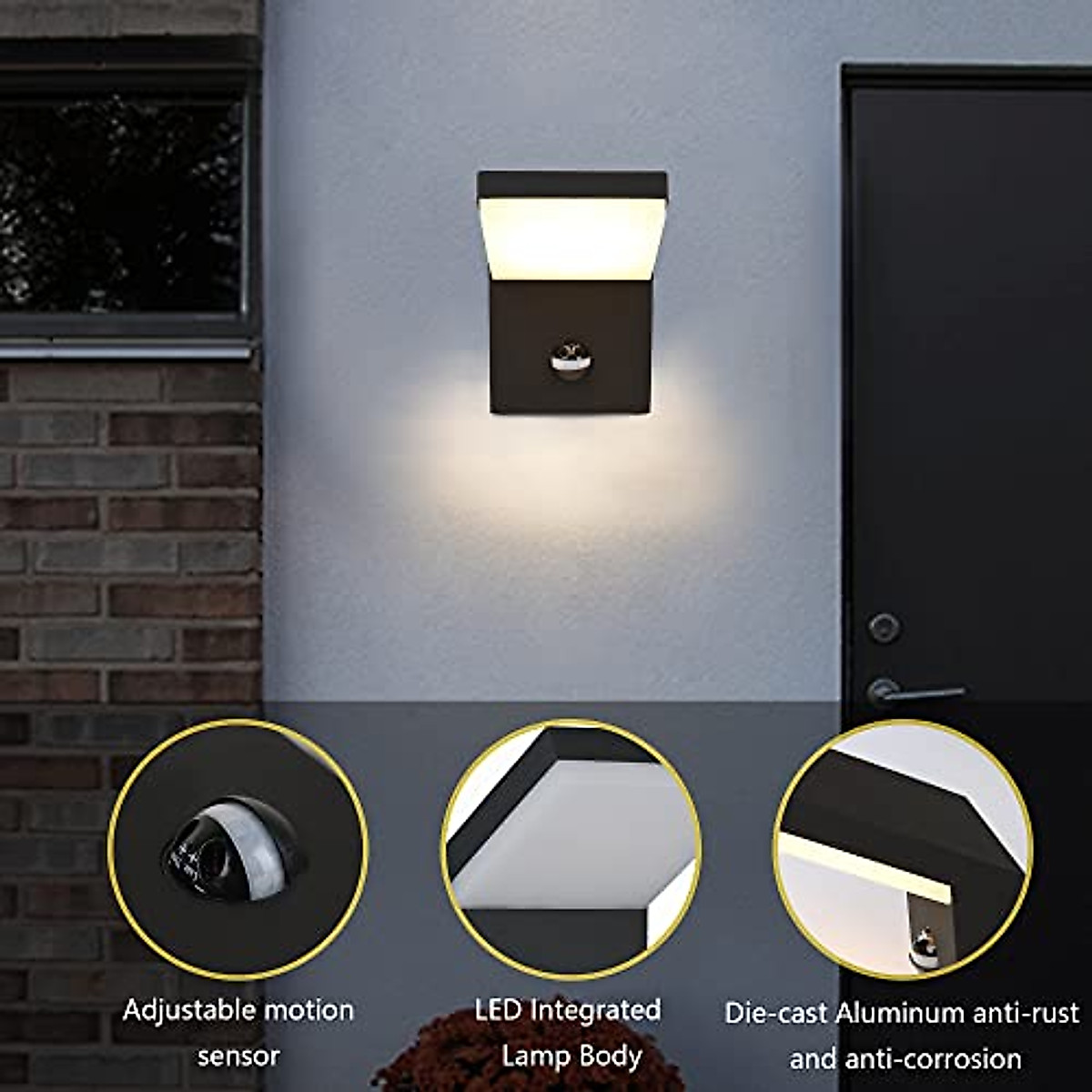 Motion Sensor Porch Light Black Exterior Light Fixture LED Modern Wall Mount Sconce for Garden Patio Garage IP54 Waterproof 1800lm 18W 3000K Warm White