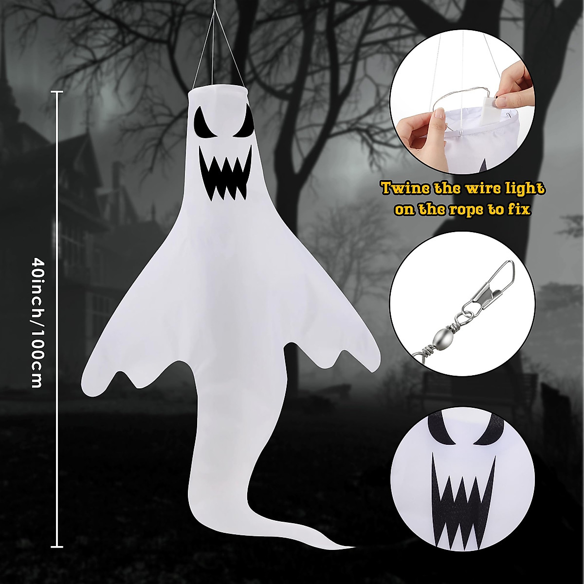 2 Sets Halloween Windsock Flag with LED Lights Outdoor Happy Halloween Hanging Decor for Yard Patio Garden Pathway Party Decoration (Ghost)