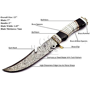 NoonKnives: Hand Made Damascus Steel Collectible Bowie Knife Handle Camel Bone with Bull Horn (Black and White)