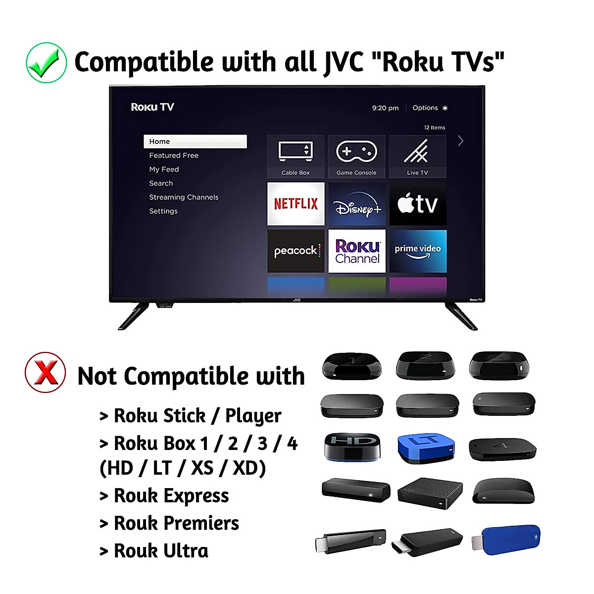OEM Replacement Remote Control Compatible with All JVC HDR Roku Smart LED TVs 【Only Works with JVC Roku TV, Not for Roku Stick and Roku Box】 (Netflix/Disney Plus/Apple TV+ / HBO Max)