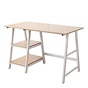 soges 47 Inch Computer Desk Trestle Desk Writing Desk Home Office Desk Hutch Workstation with Shelf Storage Desk, White Oak CS-Tplus-120MO