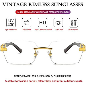AIEYEZO Retro Rimless Sunglasses Rectangle Women Men Vintage Frameless Sun Glasses Fashion Frameless Square Tinted Glasses (Gold/Transparent)