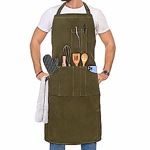 opux Chef Apron for Men, Kitchen Apron with Pockets for Women, Large Unisex Canvas Apron for Cooking Grilling BBQ Baking, Heavy Duty Apron for Work, Olive Green