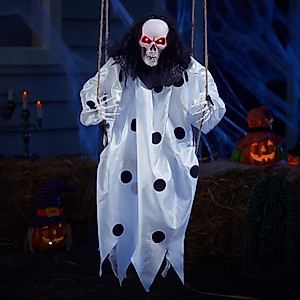 JOYIN 36" Hanging Clown Outdoor Halloween Decorations, Swinging Skeleton Decor with Light Up Eyes Button Battery Operated for Clearance Haunted House Prop Party Supplies