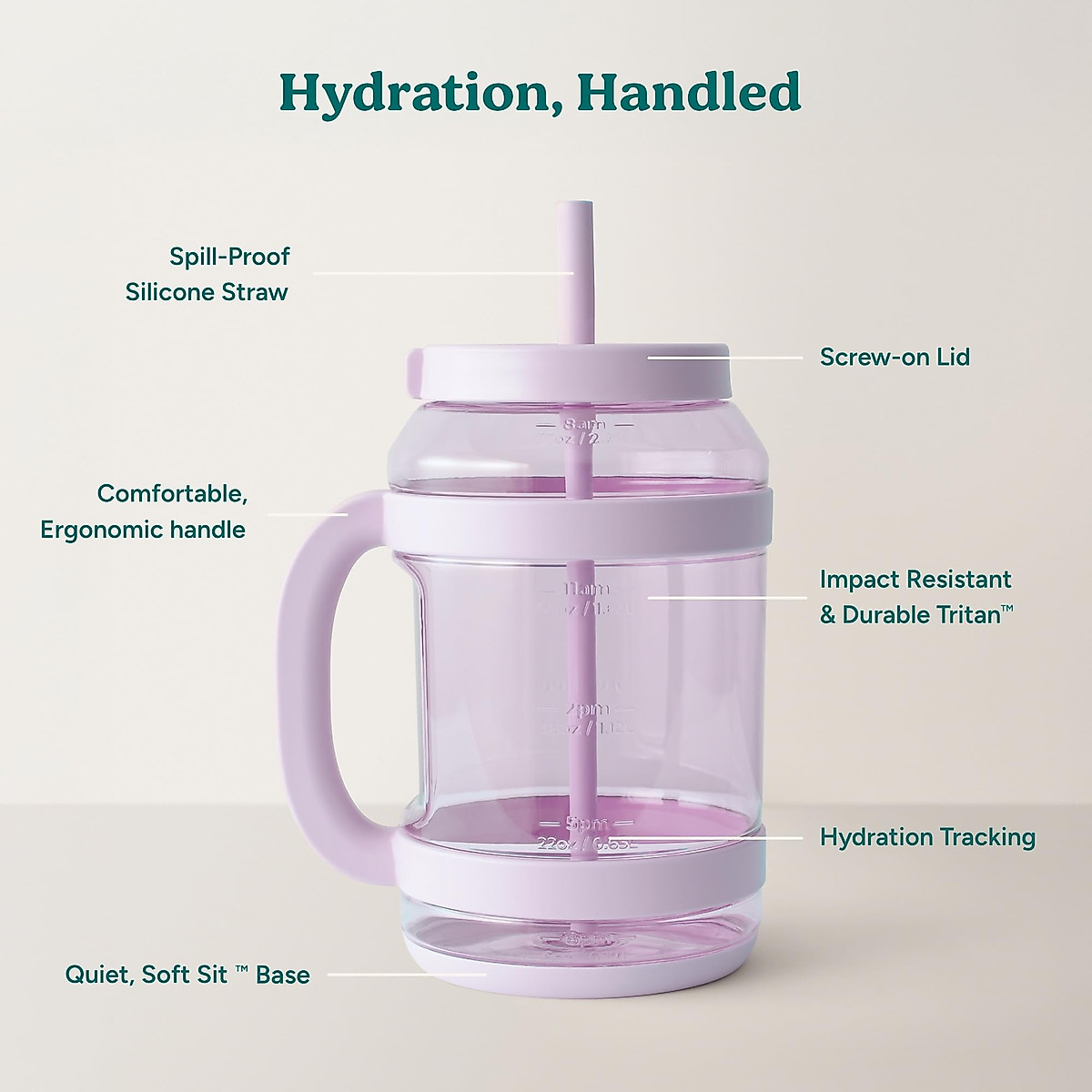 Reduce WaterDay 80 oz Water Jug with Time/Ounce Markings - Spill-Proof Straw, Durable Tritan - Big Water Bottle for Daily Hydration - Dishwasher Safe, Clear & Easy to Clean, Lilac Bud